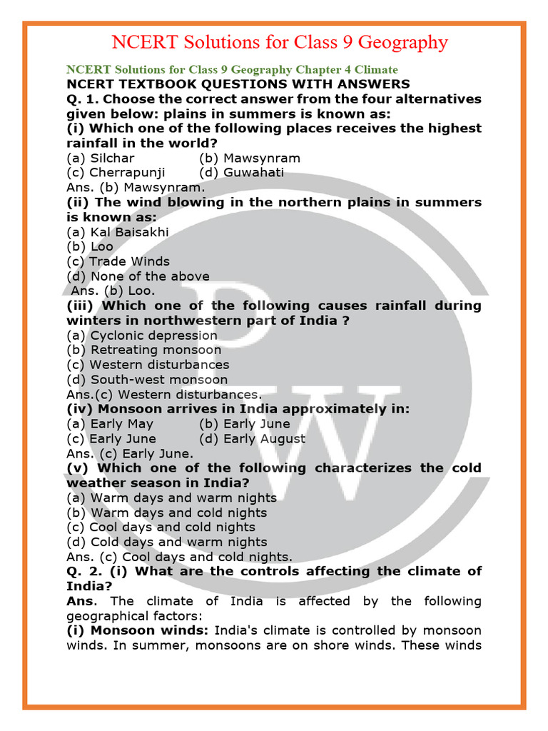 NCERT Solutions For Class 9 Geography Chapter 4 Climate | PDF | Monsoon | Weather