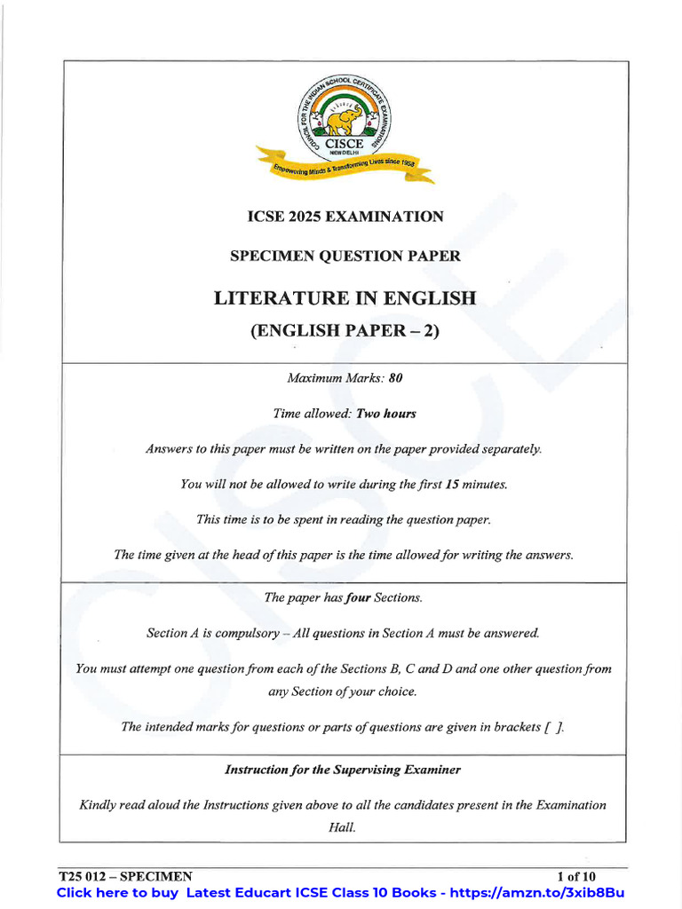 ICSE Class 10 Lierature in English SQP | PDF