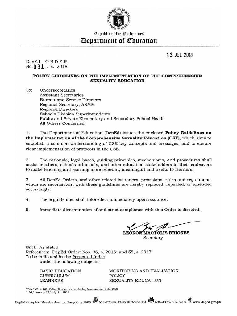 Policy Guidelines On The Implementation of The Comprehensive Sexuality ...