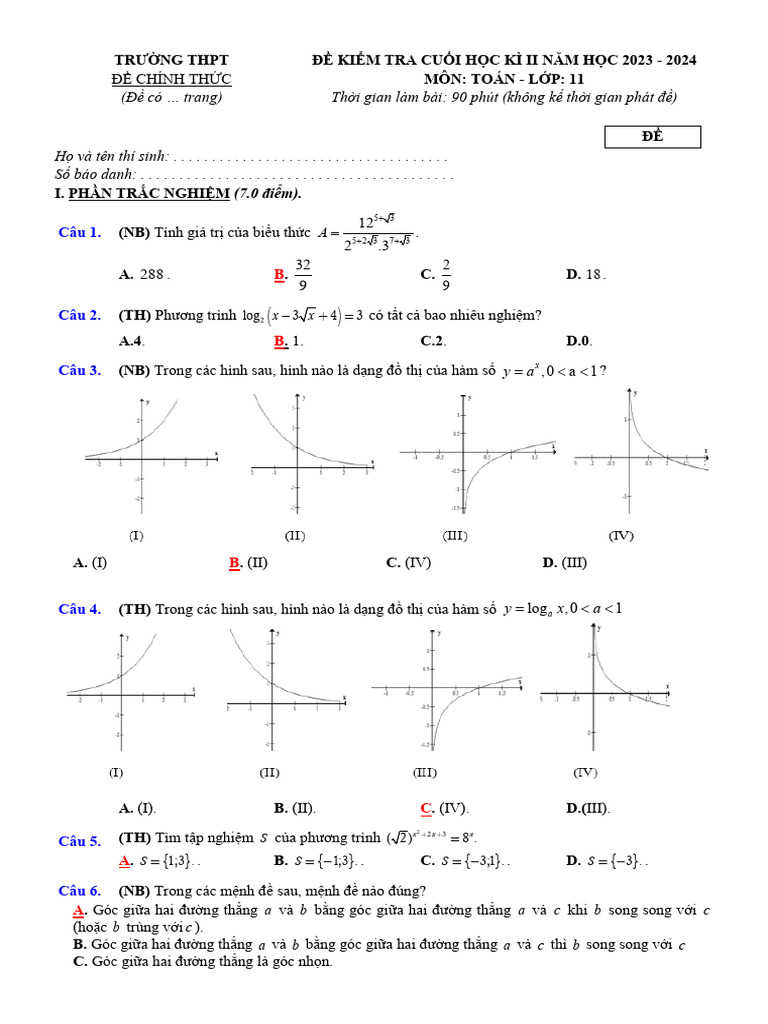 04 de Tham Khao Kiem Tra Cuoi Hoc Ki 2 Toan 11 Knttvcs | PDF