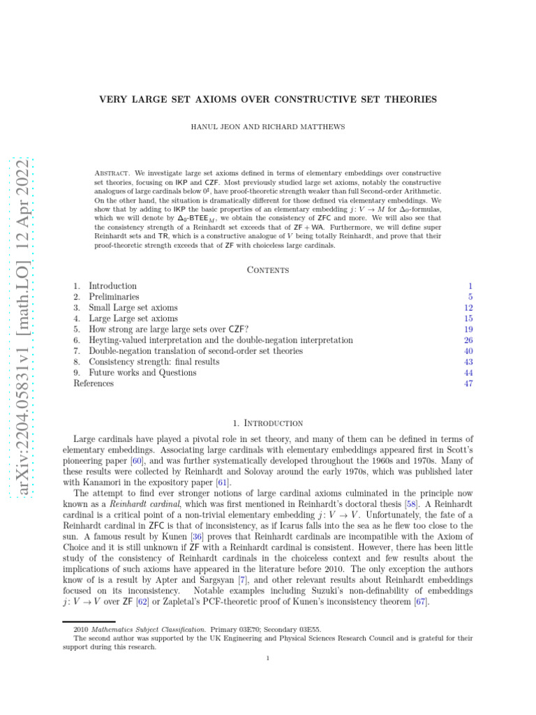 Very Large Set Axioms Over Constructive Set Theori | PDF | Axiom | Mathematical Logic