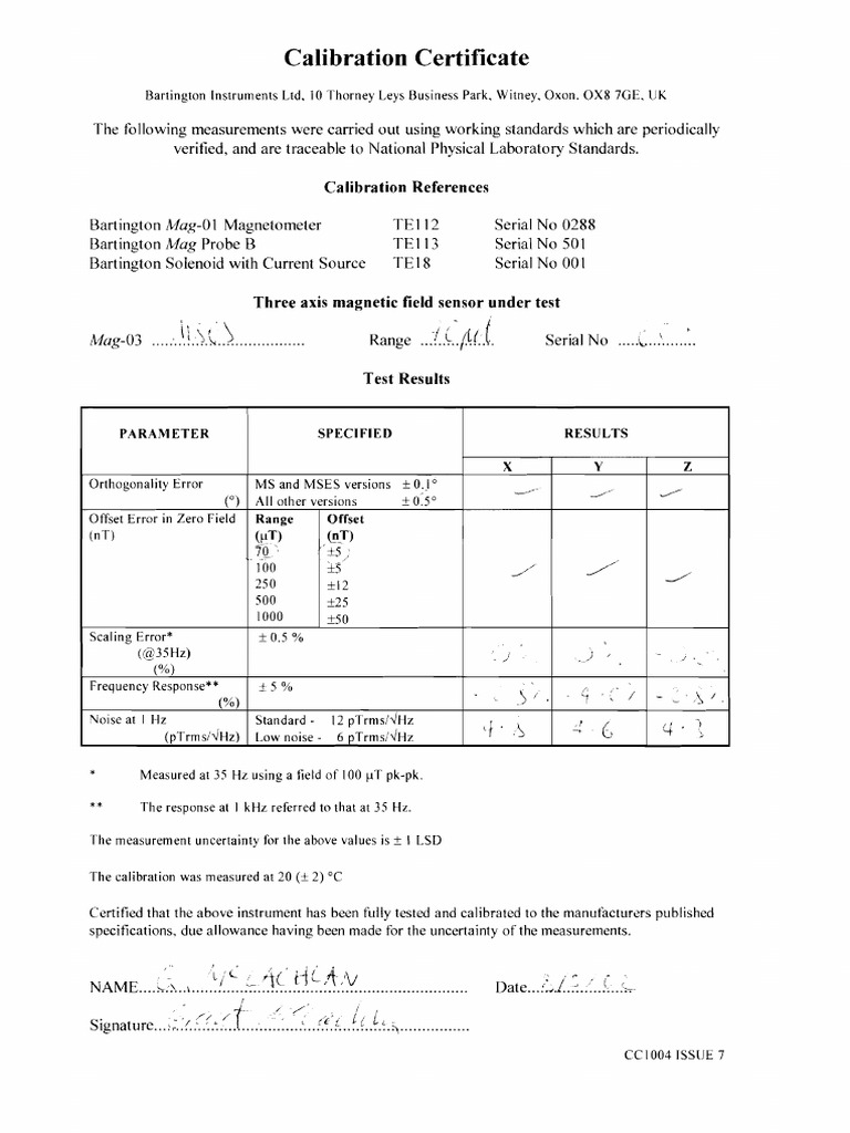 Calibration Certificate Mag03 607 Pdf Calibration Magnetometer
