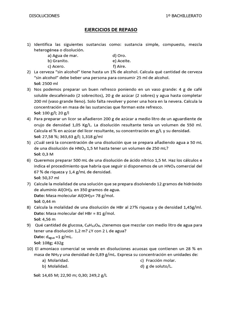 EJERCICIOS DE REAPSO - UD5 - Disoluciones | PDF | Concentración | Química