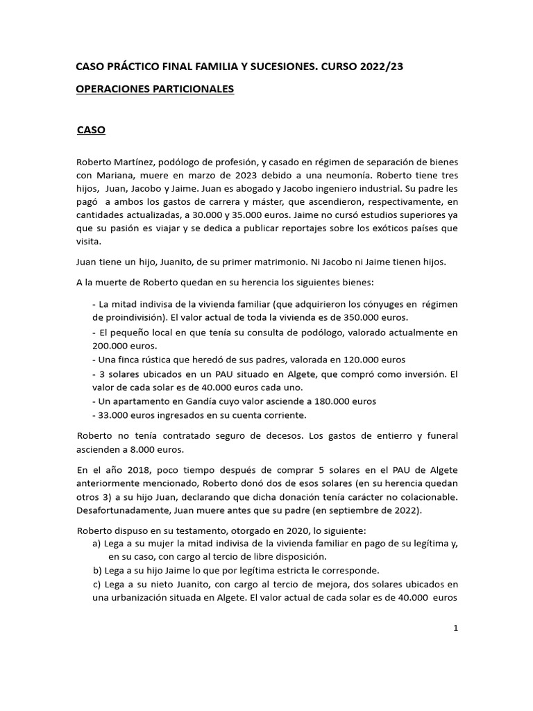 Derecho de Familia Caso Final Partición Uc3m | PDF | Donación | Herencia