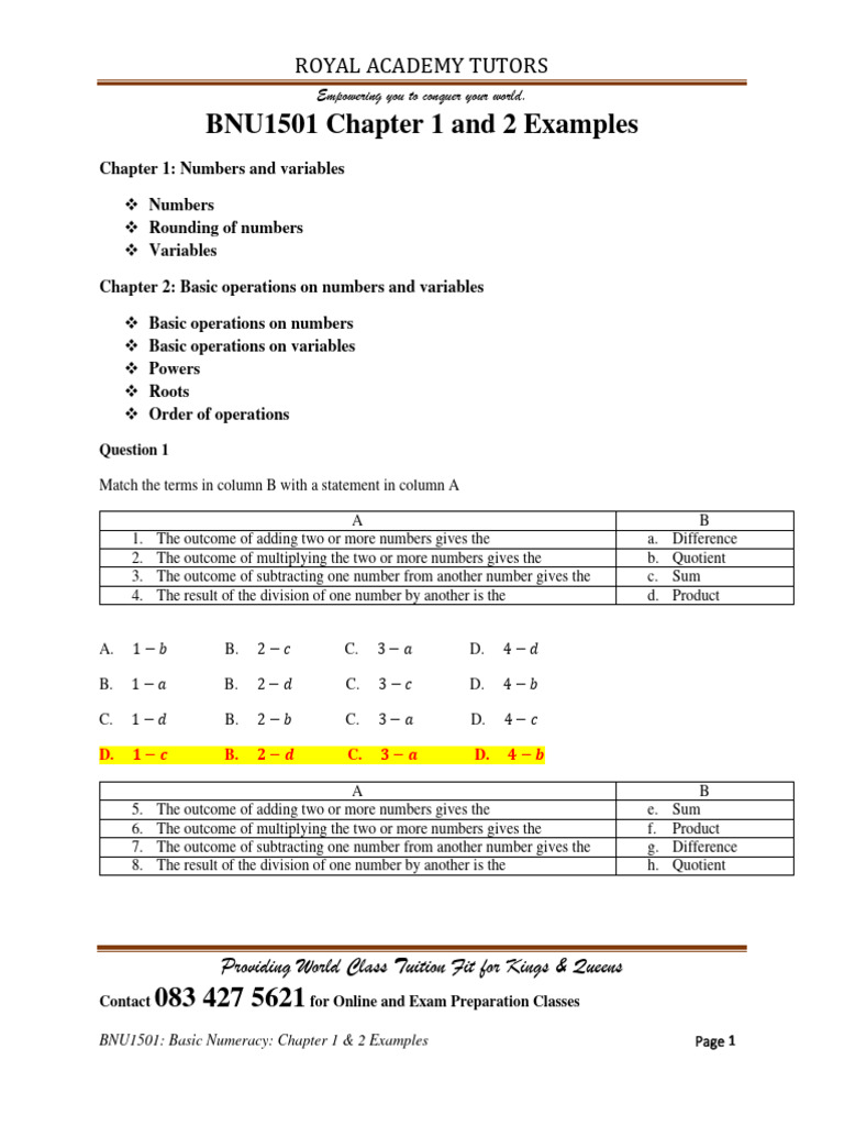 Bnu1501 Chapter 1 & 2 Worked Examples | PDF | Integer | Numbers
