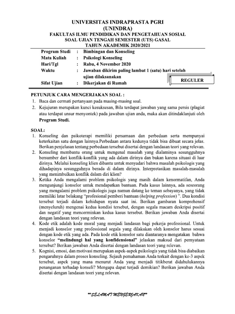 Soal UTS Psi Konseling SMT 1 | PDF