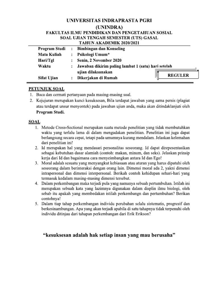 Soal UTS Psi Umum SMT 1 | PDF