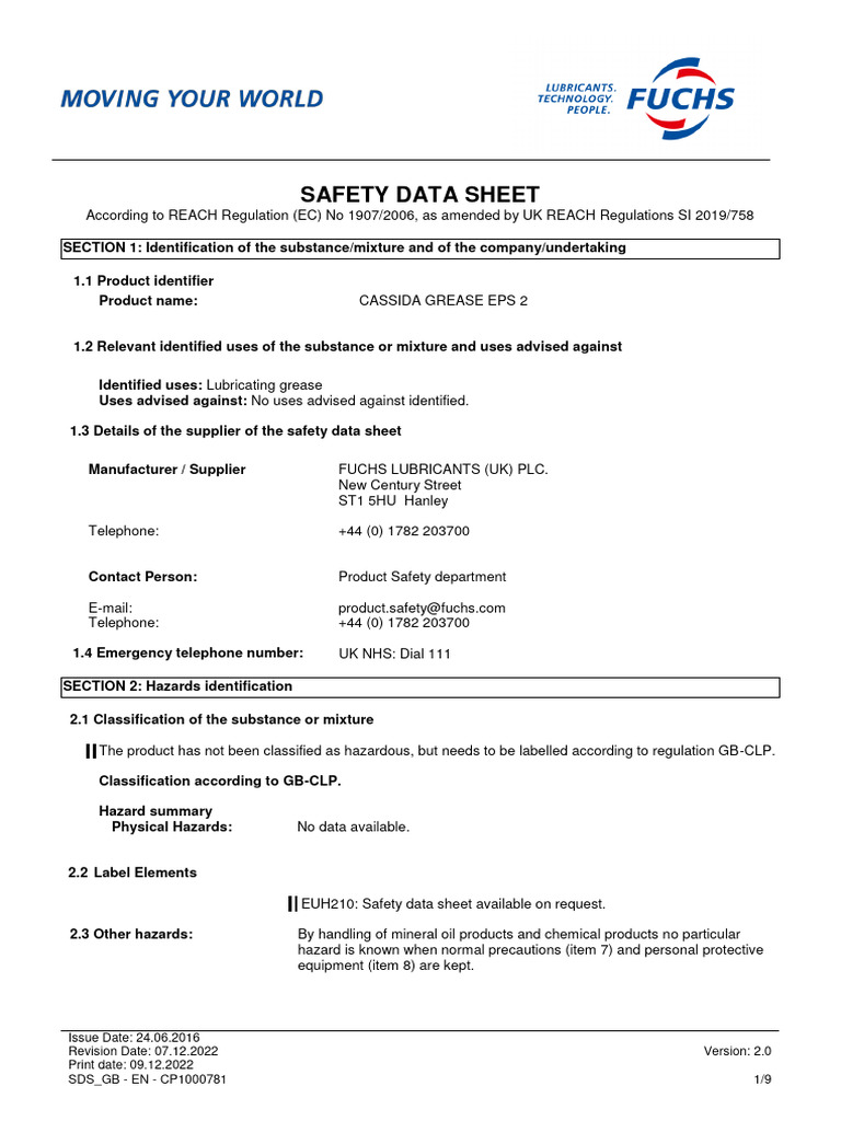 Cassida Grease EPS 2 Safety Data Sheet | PDF | Toxicity | Dangerous Goods