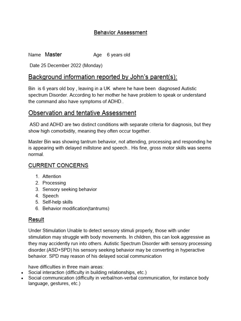 Behavior Assessment for ASD and ADHD | PDF