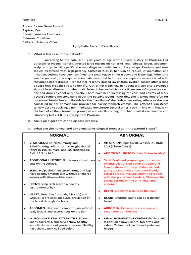 Case Study Lymphatic System Psoriasis | PDF | Anemia | Psoriasis