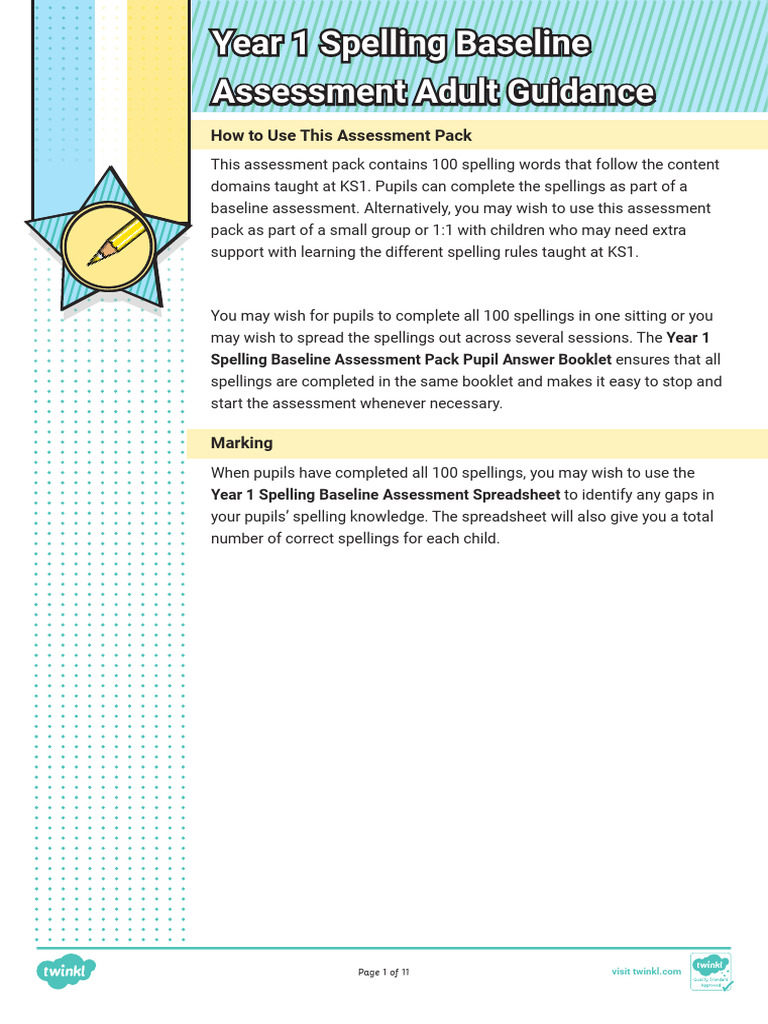 Year 1 Baseline Spelling Assessment Adult Guidance and Script | PDF ...