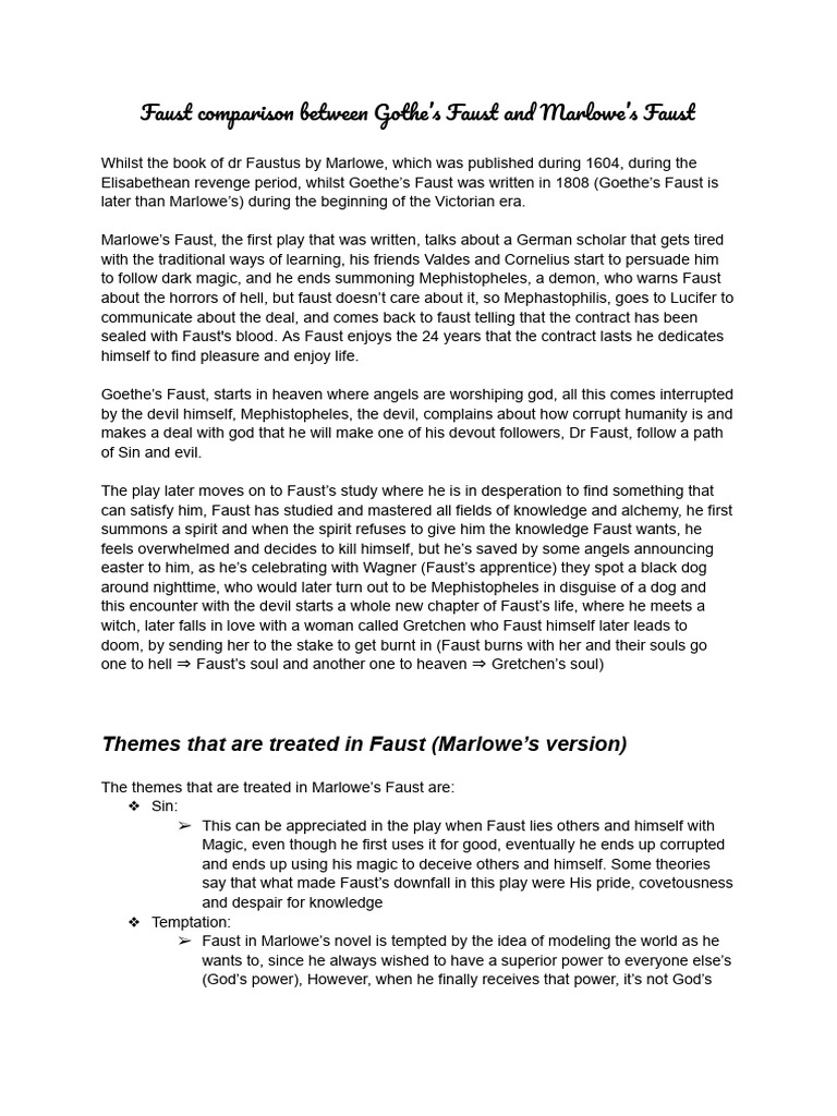 Faust Comparison Between Gothe's Faust and Marlowe's Faust | PDF ...