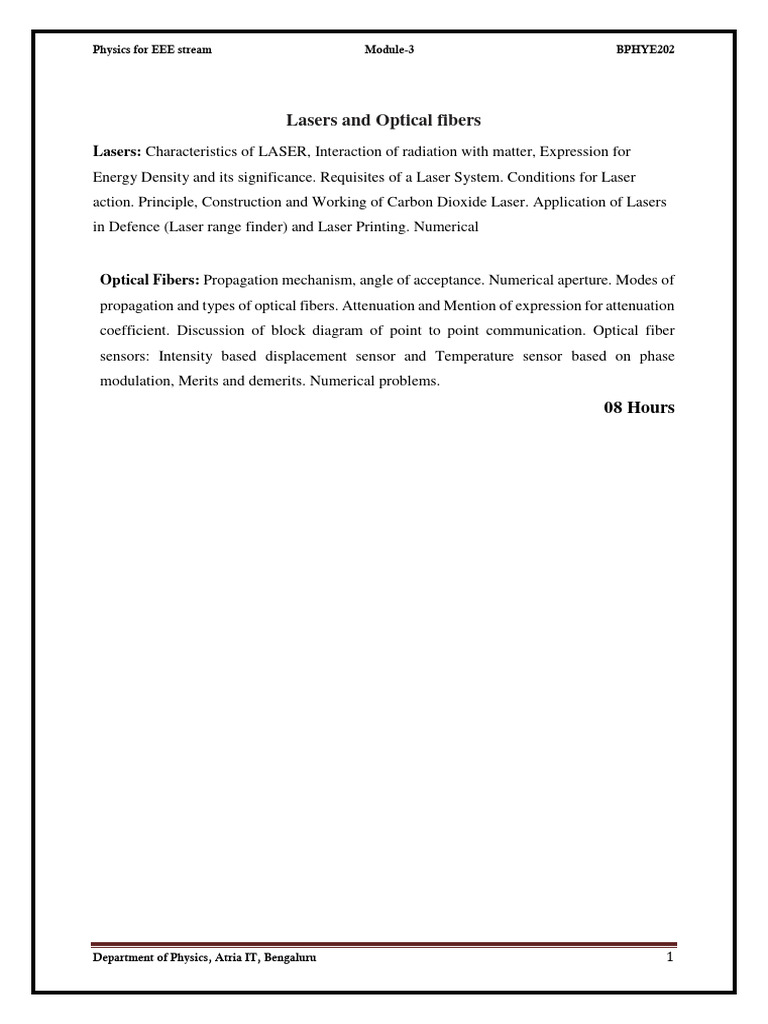 Lasers and Optical Fibers BPHYE201 | Download Free PDF | Laser | Optical Fiber