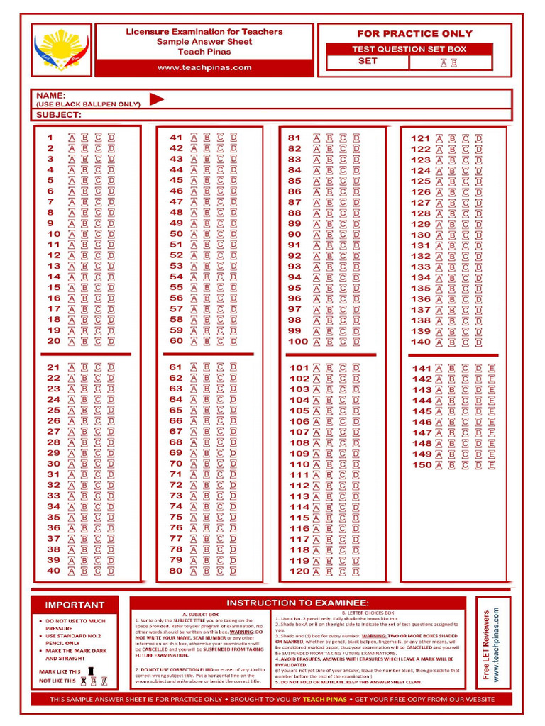 ANSWER SHEET LET FINALE 150 Items | PDF