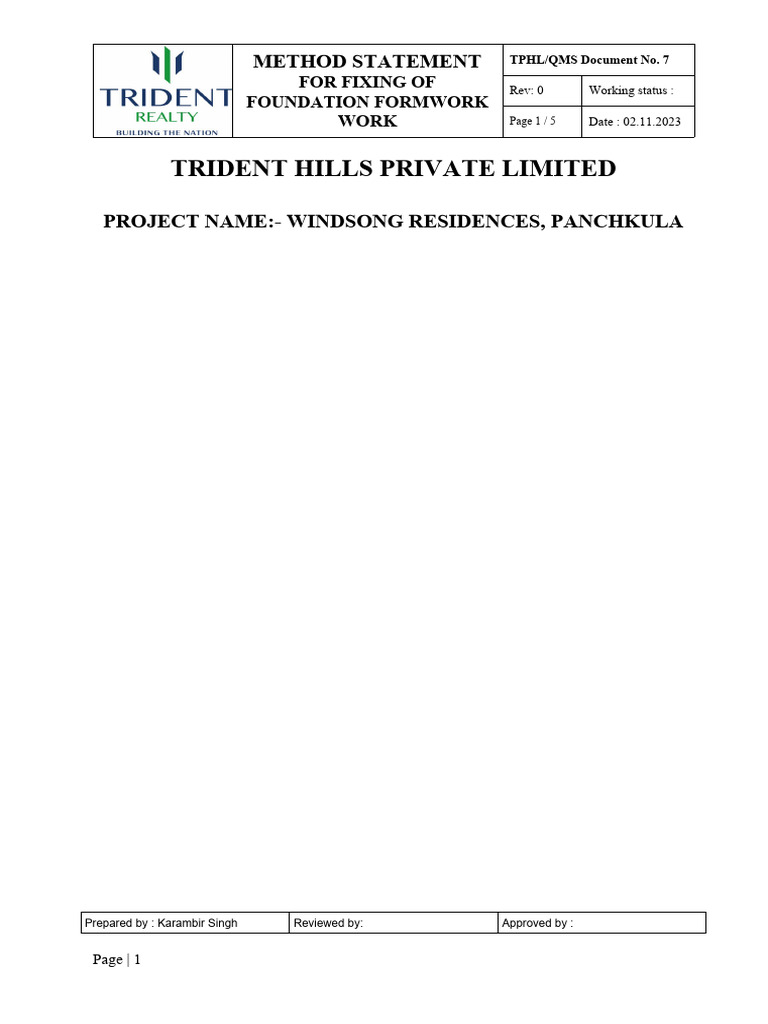 Method Statement For Fixing of Foundation Formwork | PDF | Scaffolding | First Aid