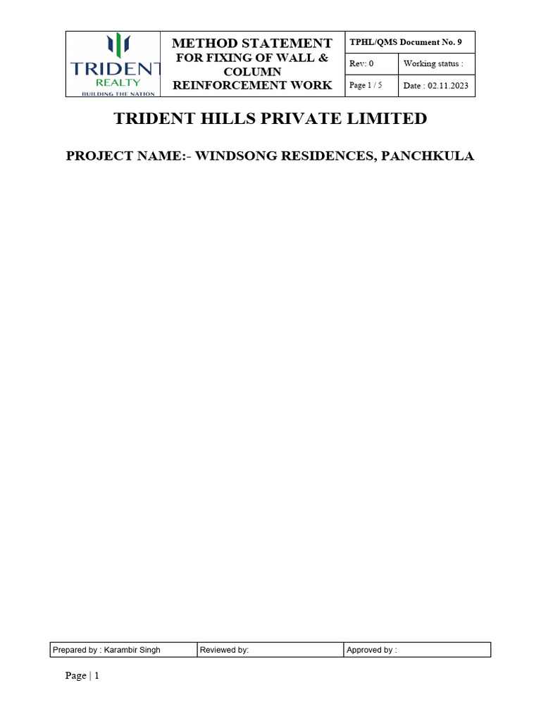 Method Statement For Fixing of Wall & Column Reinforcement | PDF ...