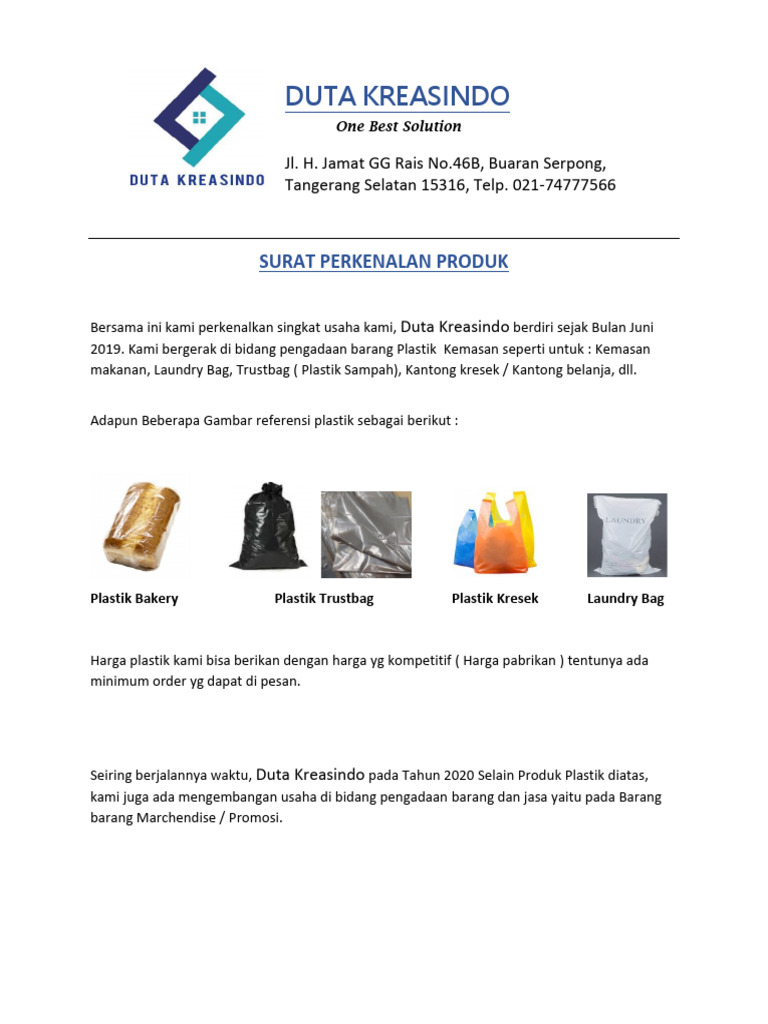 Surat Perkenalan Duta Kreasindo | PDF