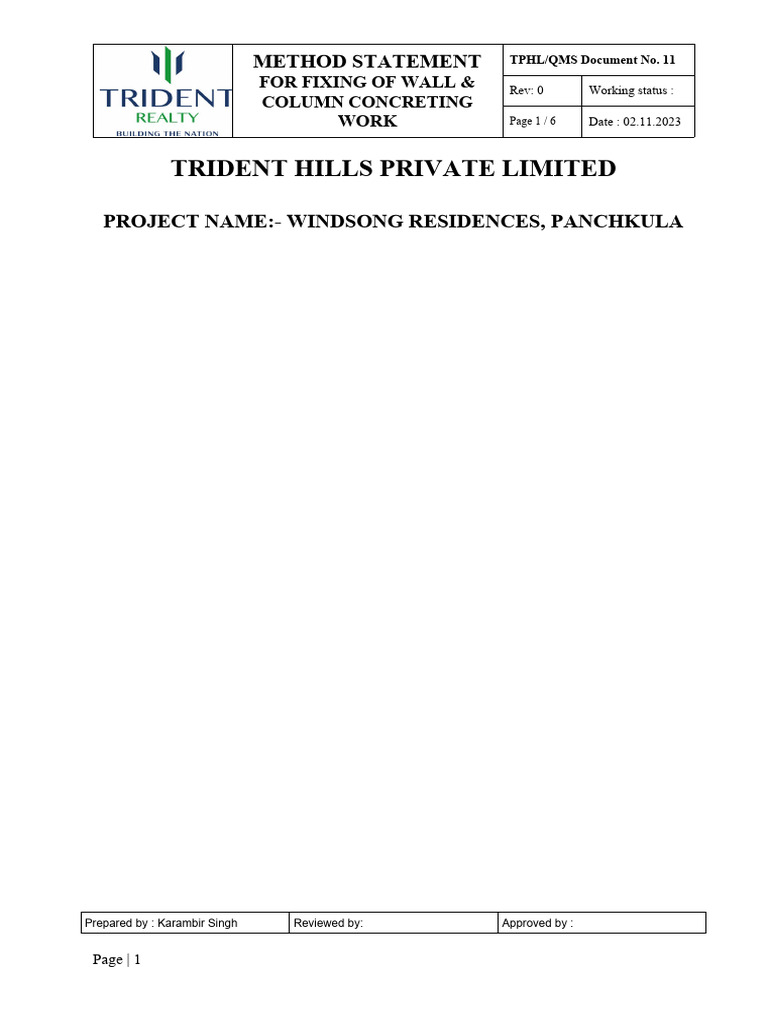 Wall and Column Concreting Method Statement | PDF | Concrete ...