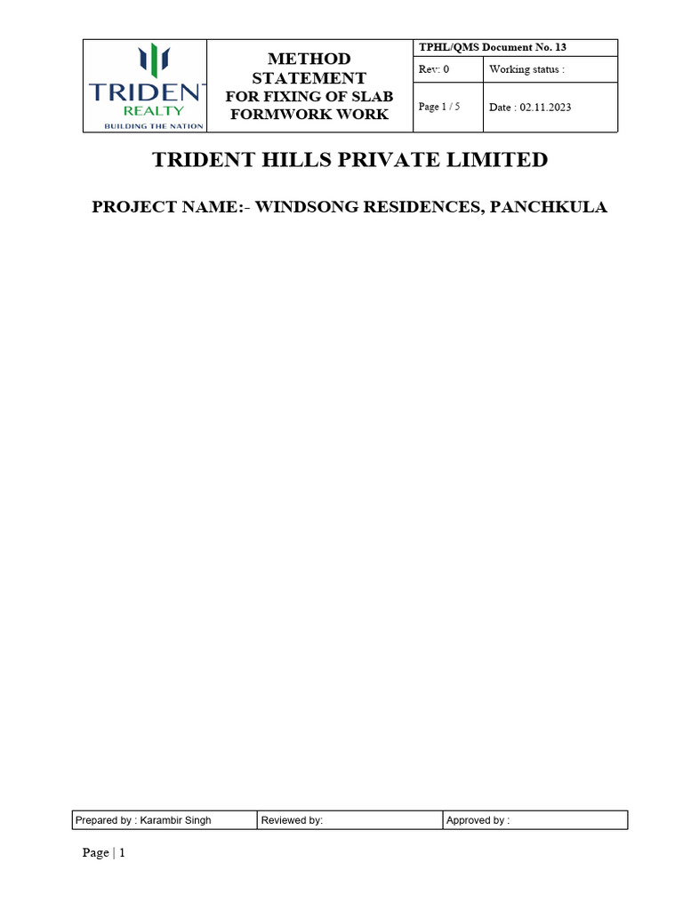 Method Statement For Fixing of Slab Formwork | PDF | Scaffolding