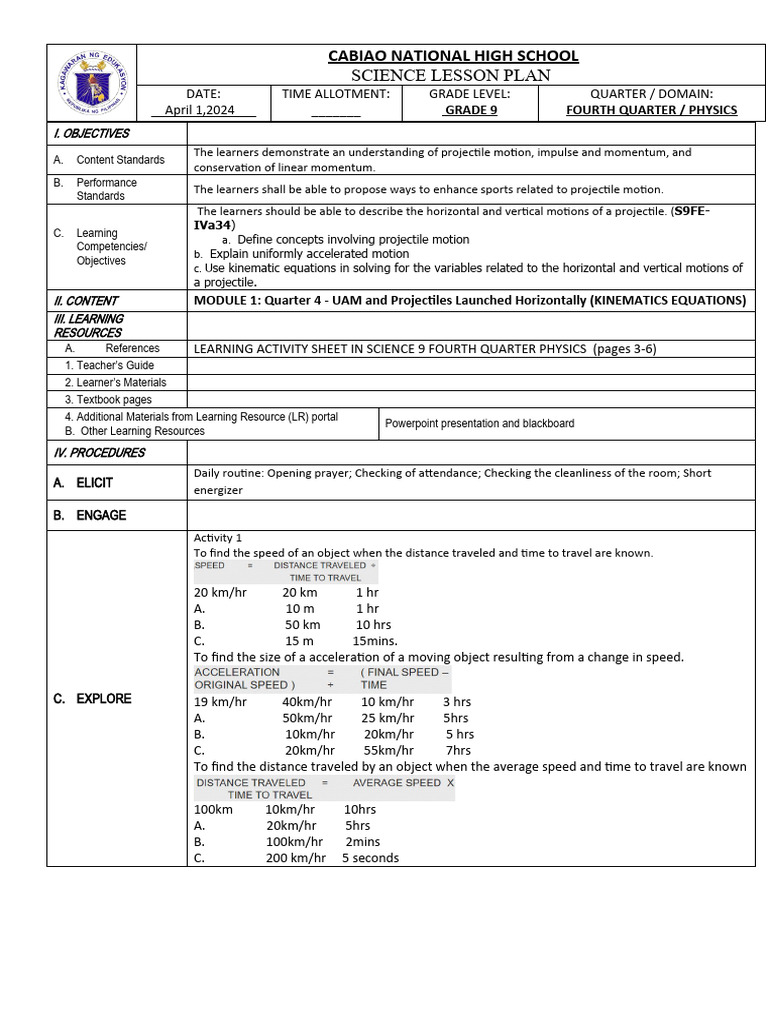 Lesson Plan in Kinematics - The Big 4 Equations | PDF | Acceleration ...