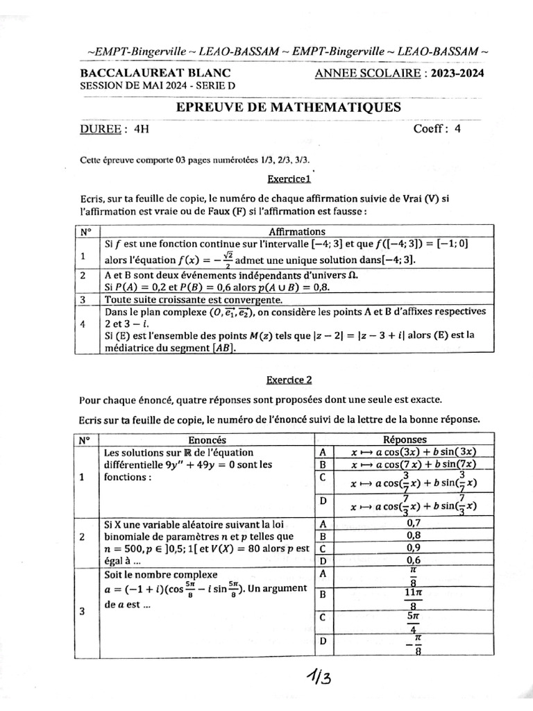 EXAMEN BLANC BAC LEAO EMPT MATHS-LEAO Série D 2024 | PDF