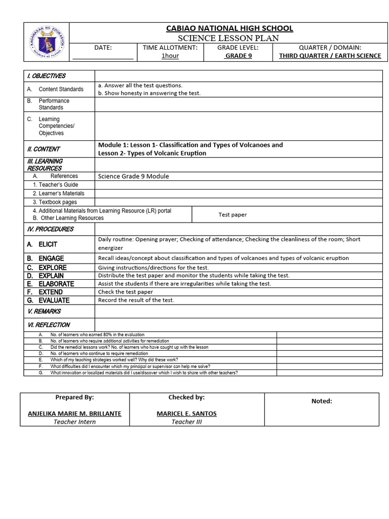 Grade 9 Earth Science Lesson Plan | PDF | Volcano | Learning