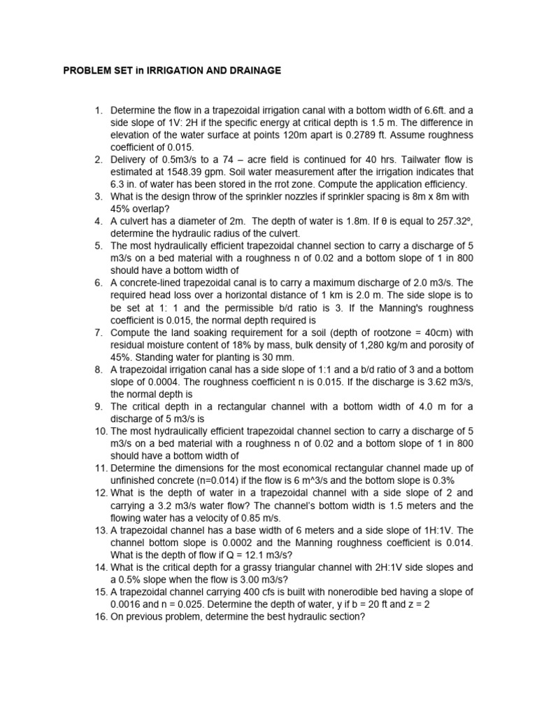 PROBLEM-SET-in-IRRIGATION-AND-DRAINAGE | PDF | Irrigation | Discharge (Hydrology)