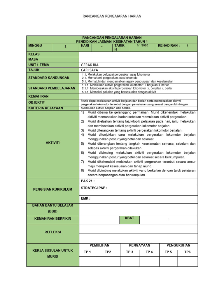 RPH PJK Tahun 1 (Unit 1 Gerak Ria) | PDF