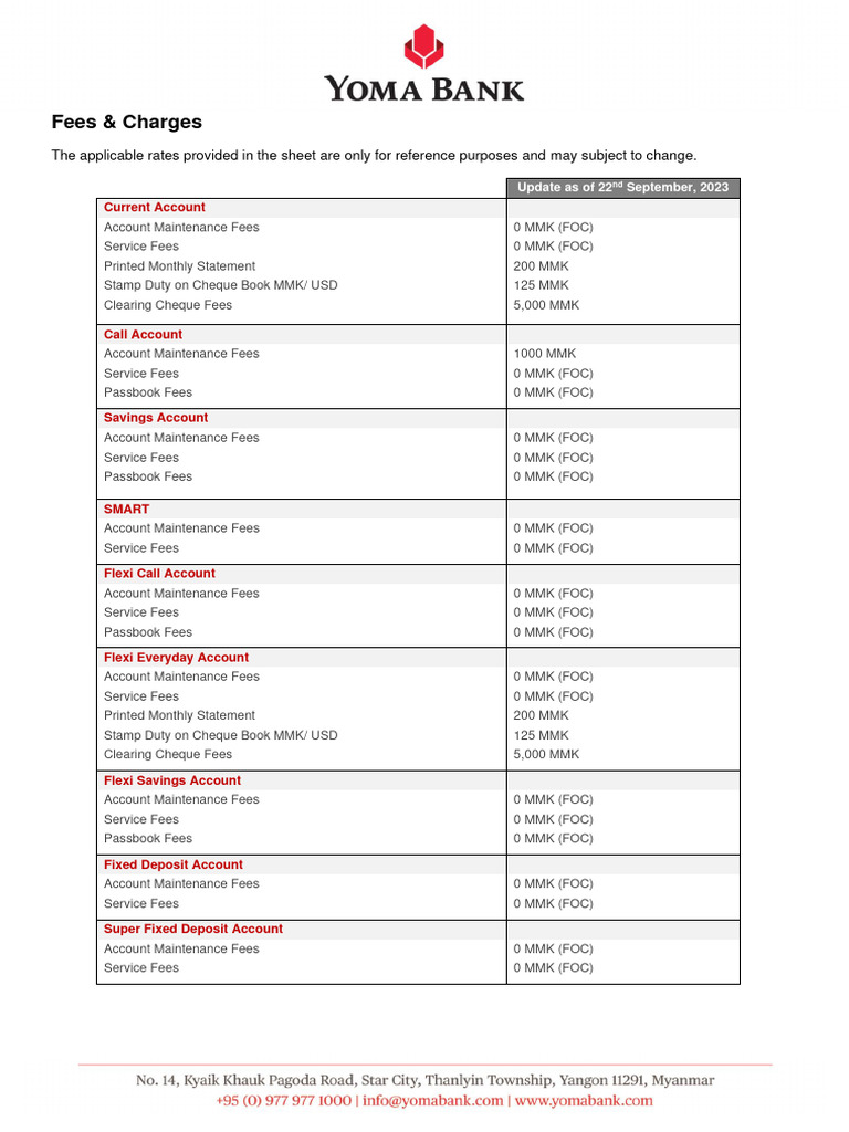 Yoma Bank Fees and Charges Overview | PDF | Banks | Payments