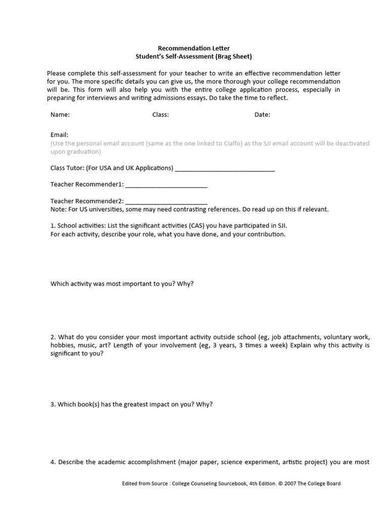 University Application Profile (Brag Sheet) | PDF