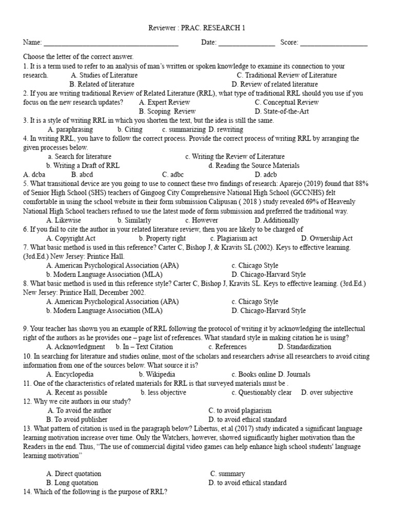 4th Quarter Reviewer in Prac Research Answer Key | PDF | Citation ...