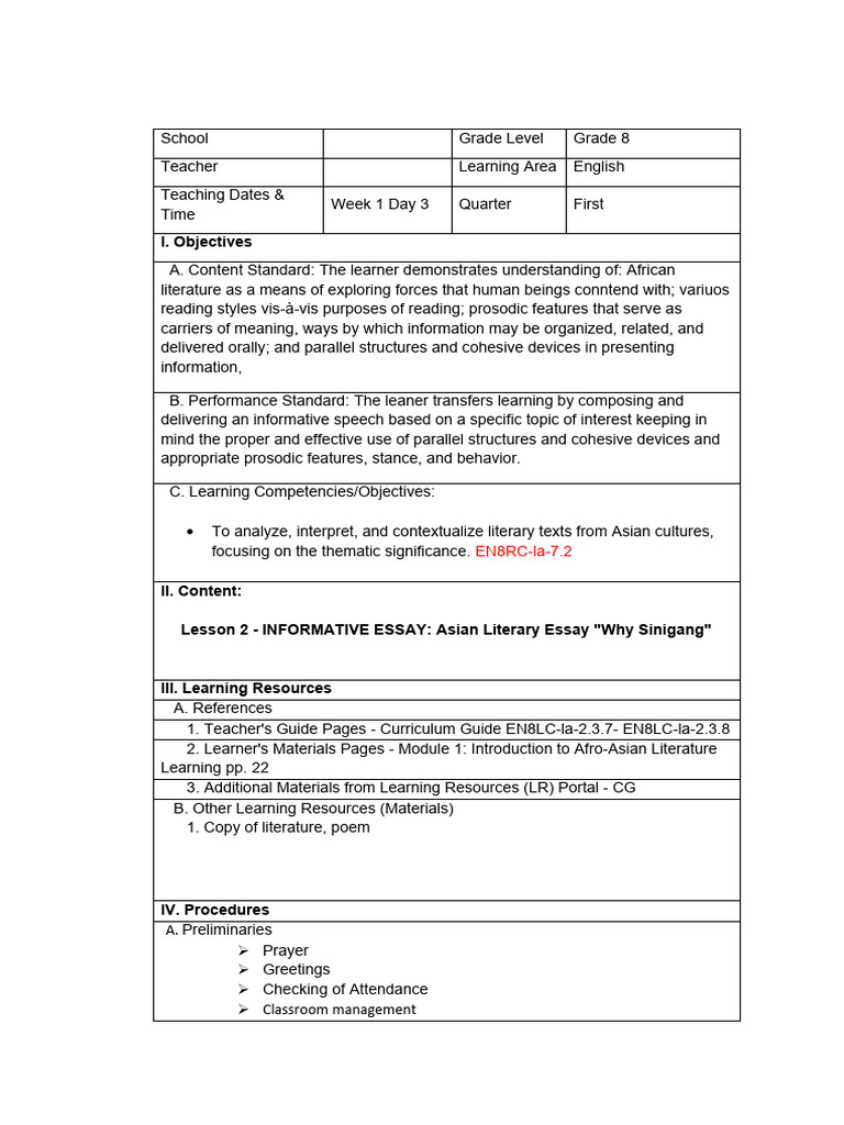 Grade 8 Asian Literary Essay Lesson | PDF | Learning | Essays