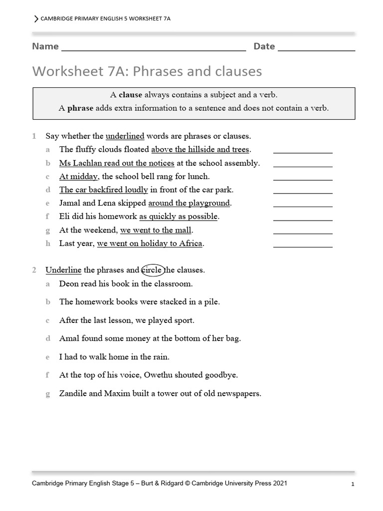 Pri - Eng - 2ed - tr5 - Differentiated - Worksheet 7A | PDF