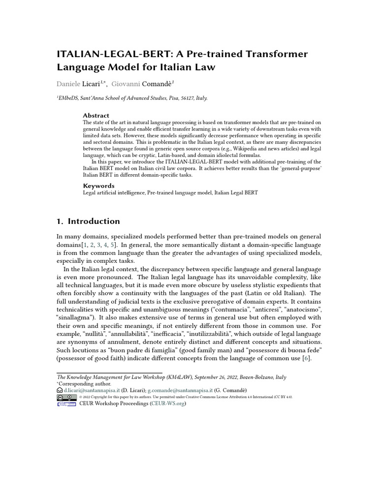 ITALIAN LEGAL BERT A Pre Trained Transfo | PDF | Cognitive Science