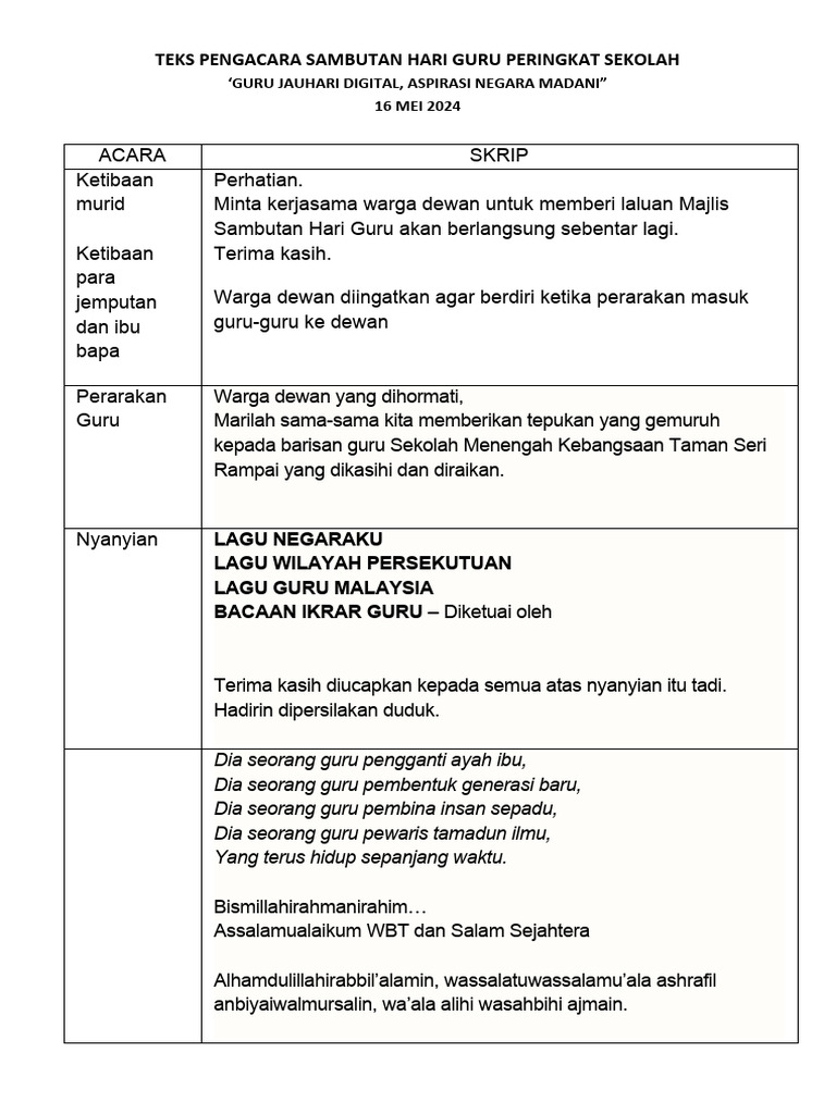 Teks Emcee Hari Guru 2024 | PDF | Griya & Taman