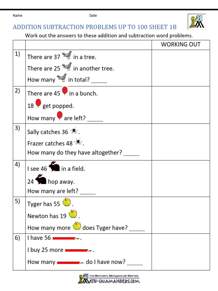 Addition Subtraction Word Problems Up To 100 1b | PDF