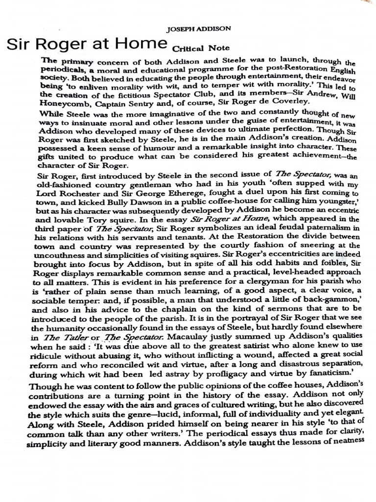 Sir Roger Essays - Critical Notes | PDF | Essays