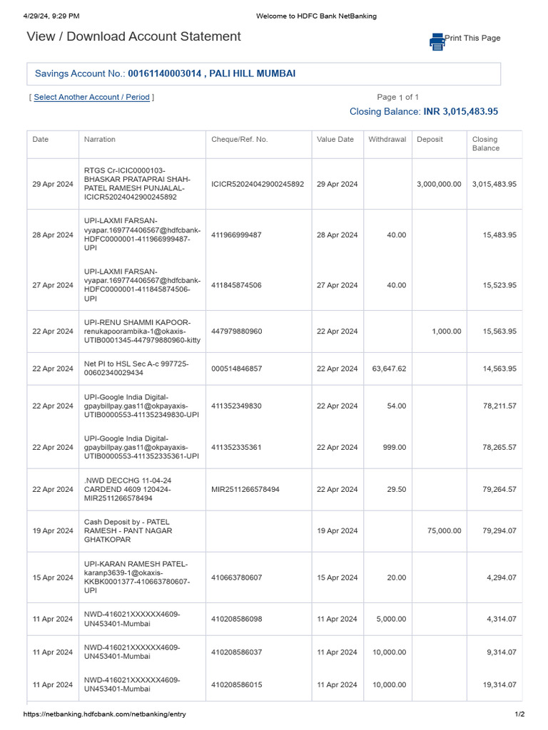 HDFC Bank NetBanking Account Statement | PDF | Service Industries ...