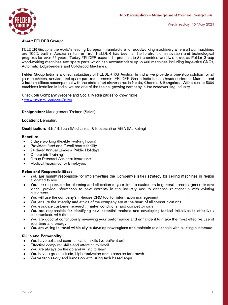 Felder Group India - JD - Management Trainee-Bangalore - MBA - Vr.2 | PDF | Customer ...