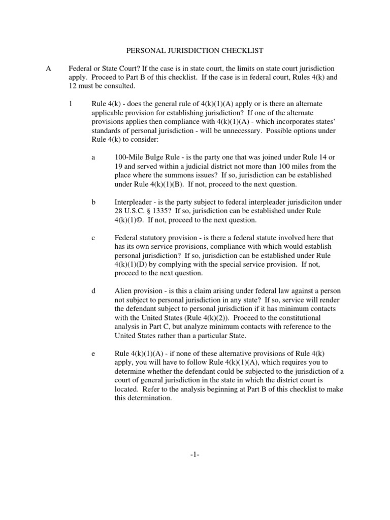 2006 Personal Jurisdiction Checklist Personal Jurisdiction Minimum