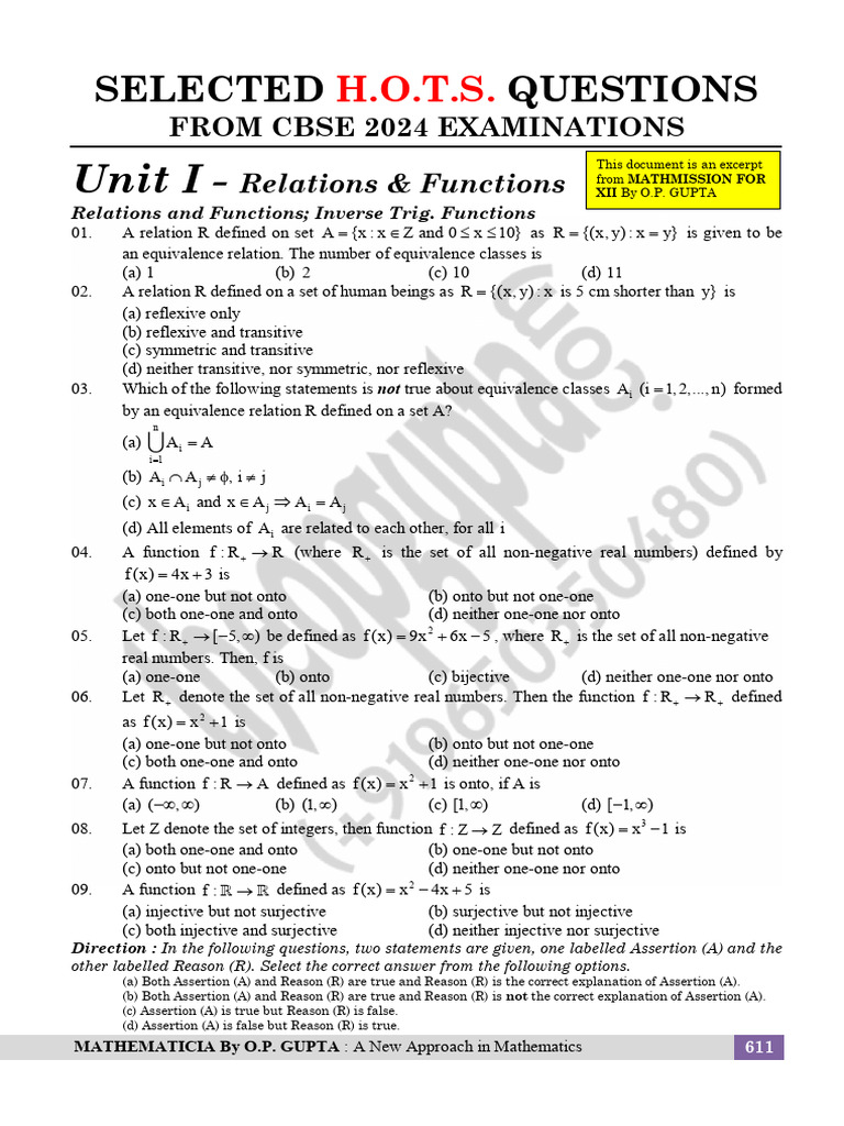 Xii-Selected Hots Questions Unit I (By O.P. Gupta) | PDF | Function ...