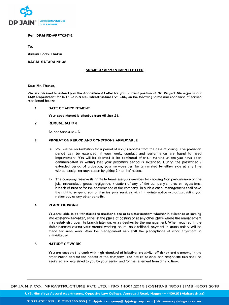 Appointment Letter - Ashish Lodhi | PDF | Employment | Contractual Term