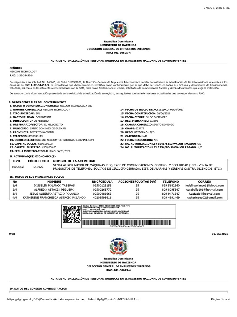 Actualización RNC Nexcom Technology | PDF | Impuestos | Impuesto sobre ...