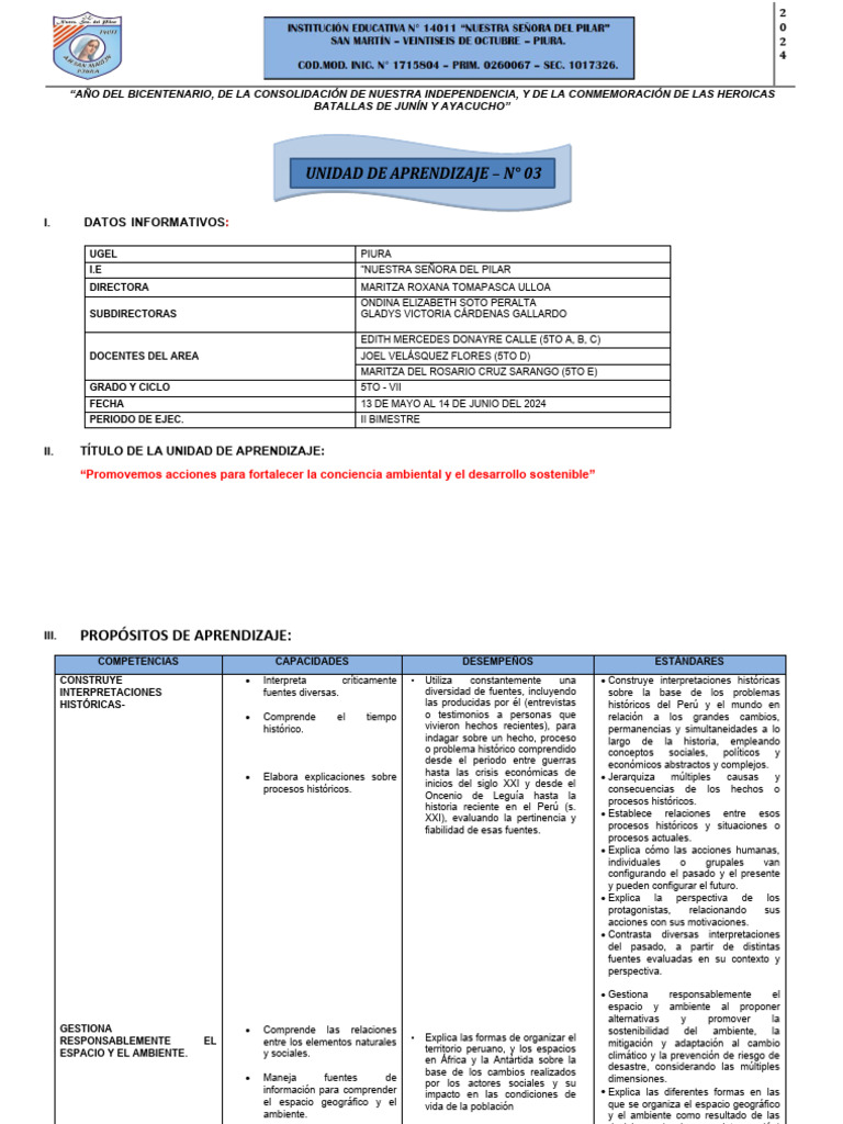 UNIDAD APREND 03 CCSS 5to - 2024 | PDF | Entorno natural | Sustentabilidad