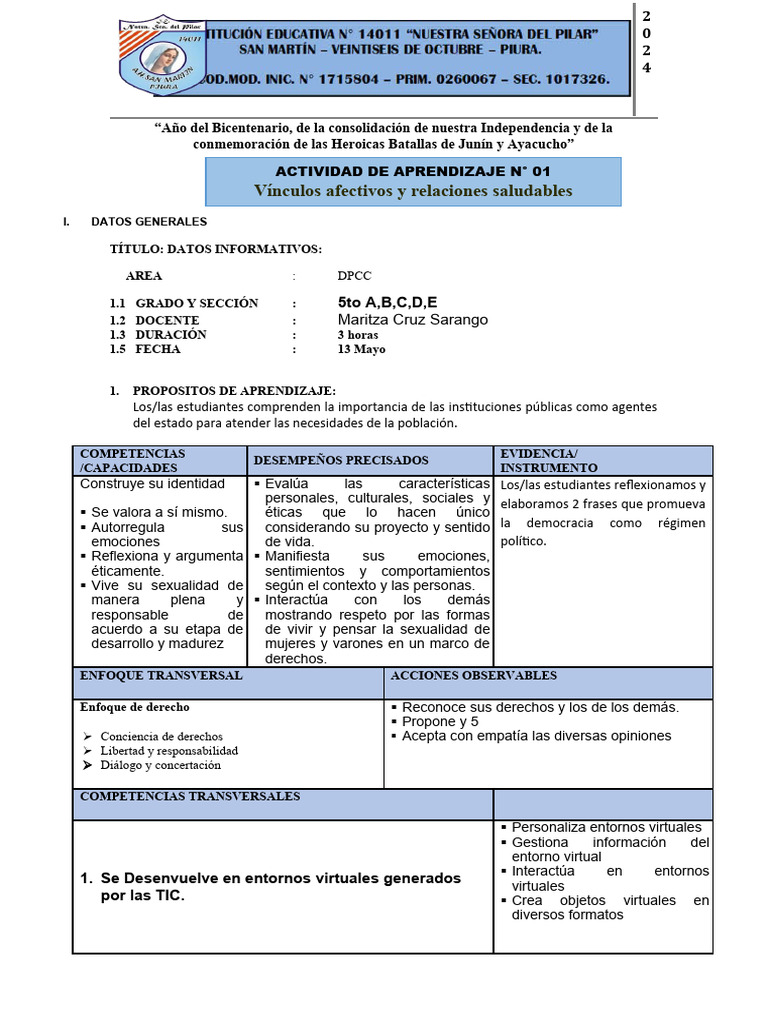 Sesion de Clase 1 Vínculos Afectivos y Relaciones Saludables DPCC 5TO Unidad 3 | PDF ...