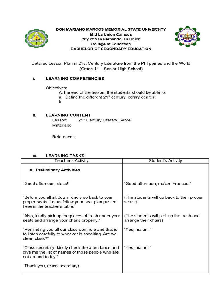 Detailed Lesson Plan On 21ST Century Literary Genres | PDF | Lesson ...