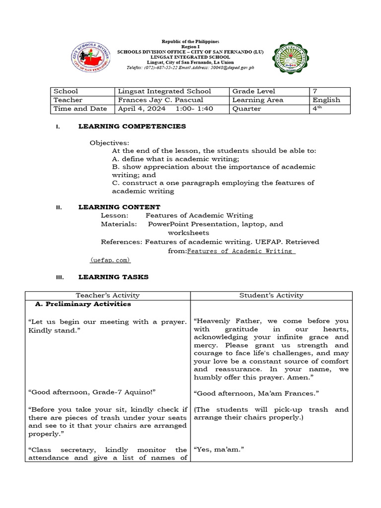 Academic Writing Lesson Plan | PDF | Critical Thinking | Cognition