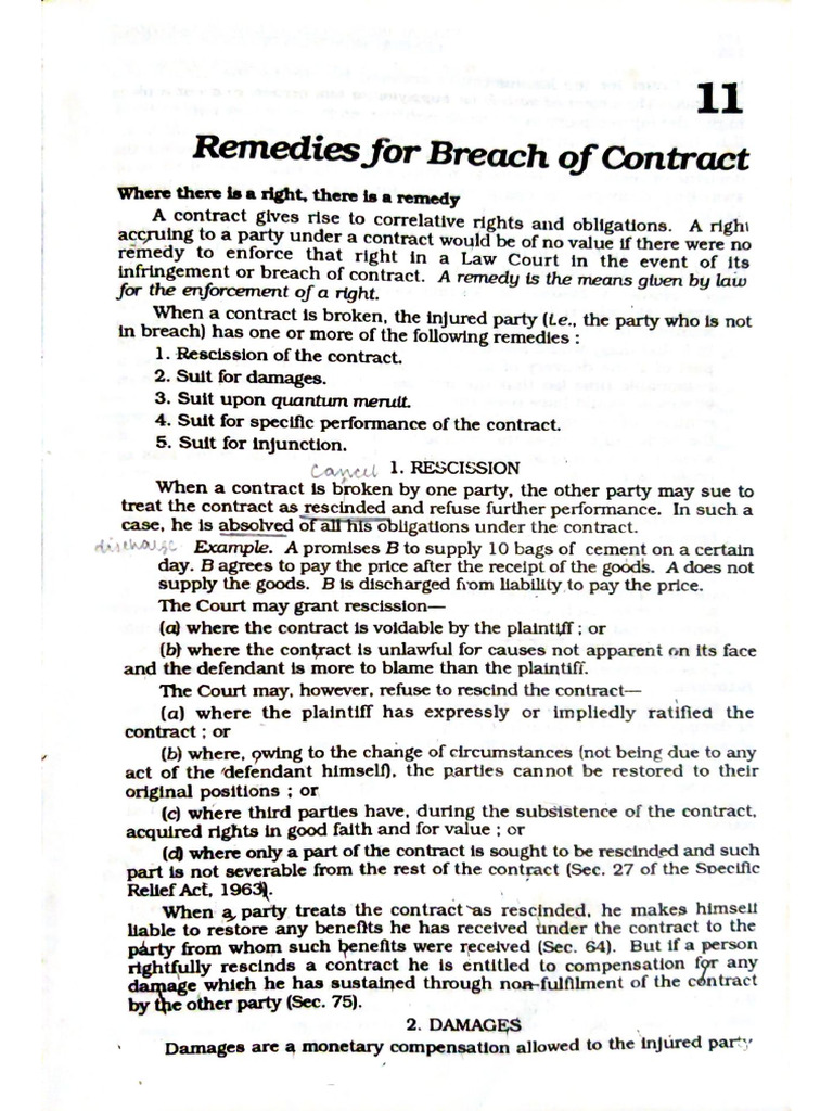 Remedies For Breach of Contract | PDF