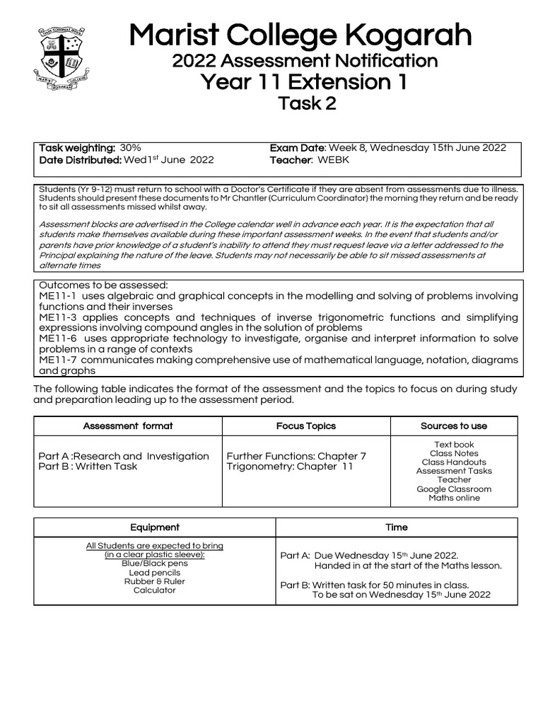 Task 2 Yr 11 Ext 1 Notification 2022 | Download Free PDF | Function ...