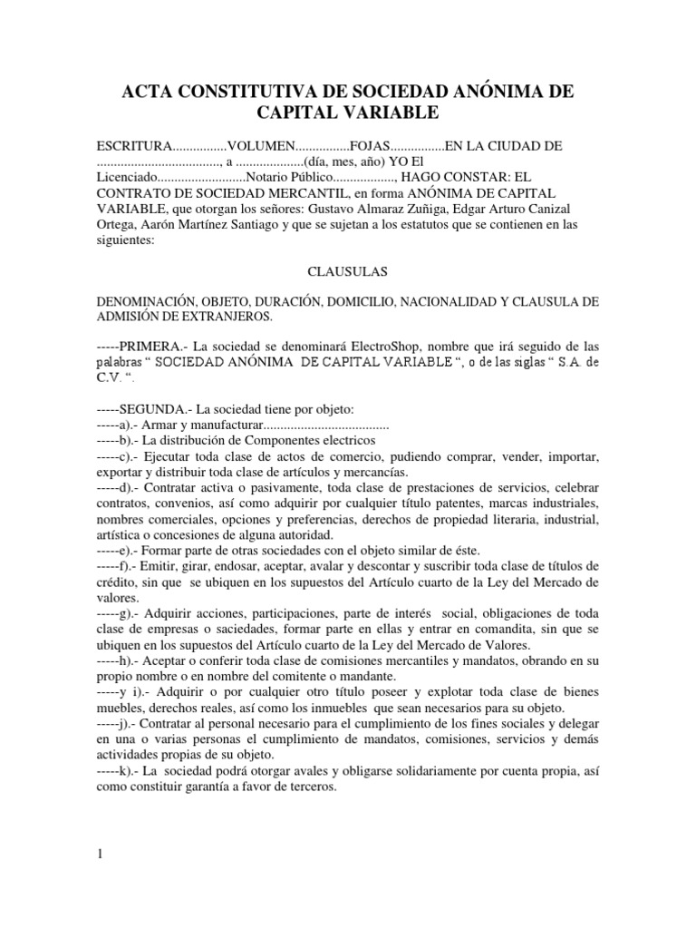 Modelo Acta Constitutiva | PDF | Liquidación | Compartir (Finanzas)